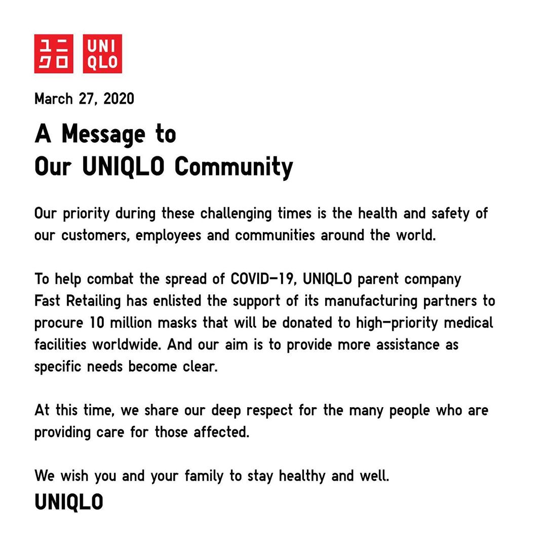 UNIQLO ユニクロ: A Message to Our UNIQLO Community﻿ ﻿ Our priority during ...