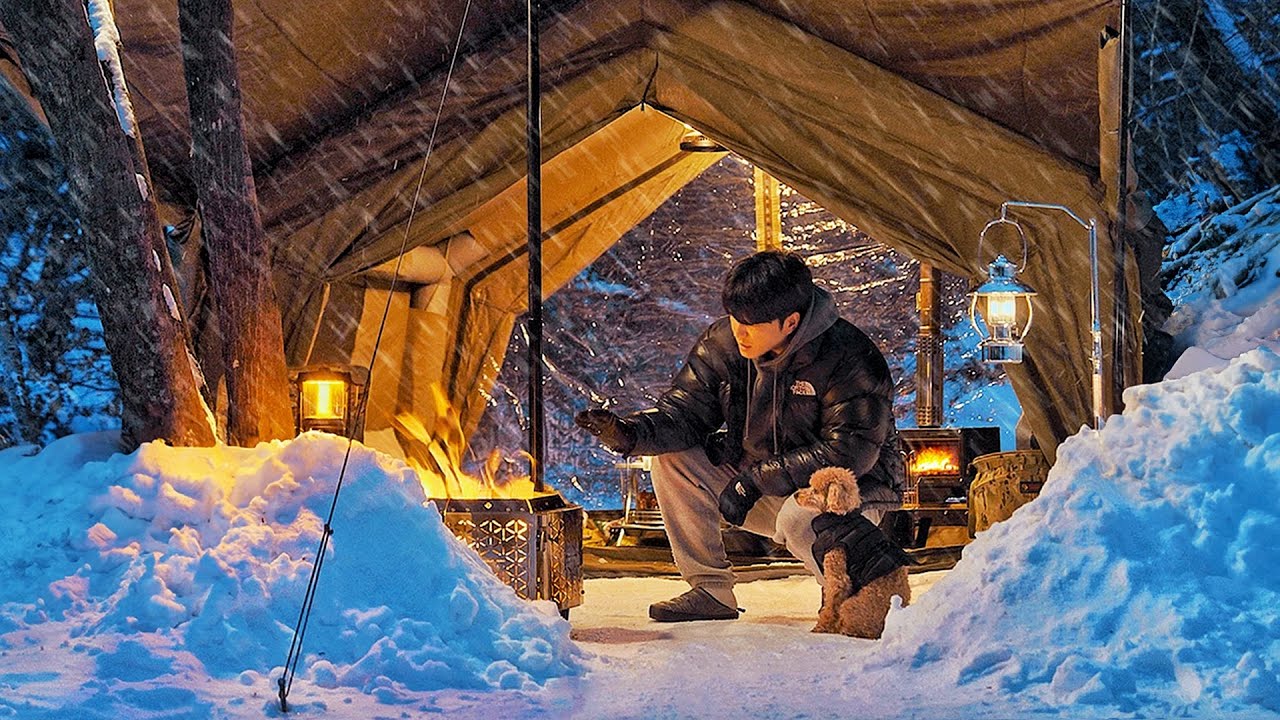 3 Days Winter Camping in the Snow with My Dog . Inflatable Hot Tent ...