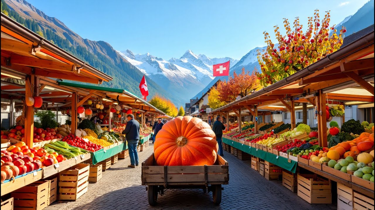 MORNING WALKING TOUR IN SWITZERLAND 🇨🇭 ORGANIC FARMERS MARKET & SWISS ...